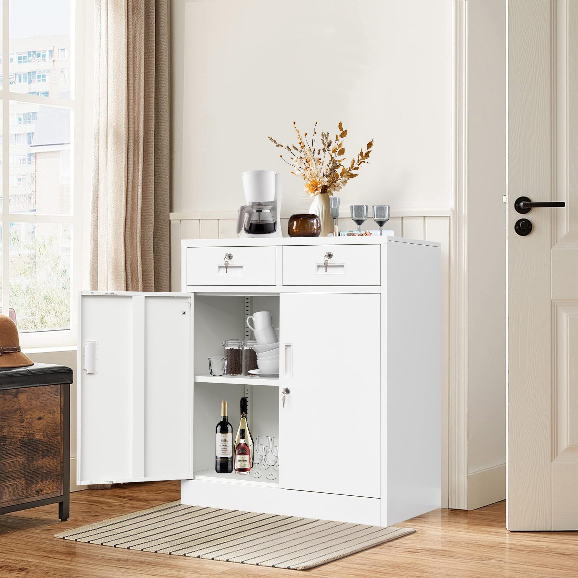 TaskStorz Metal Garage Storage Cabinets,Metal File Cabinet with 2 Locking Drawers, Lockable Storage Cabinets for Office, Home, Garage, Warehouse 36.2" H x 31.5" W x 15.7" D (White)