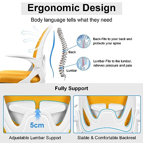 Primy Office Chair Ergonomic Desk Chair with Adjustable Lumbar Support and Height, Swivel Breathable Desk Mesh Computer Chair with Flip up Armrests for Conference Room(Yellow)
