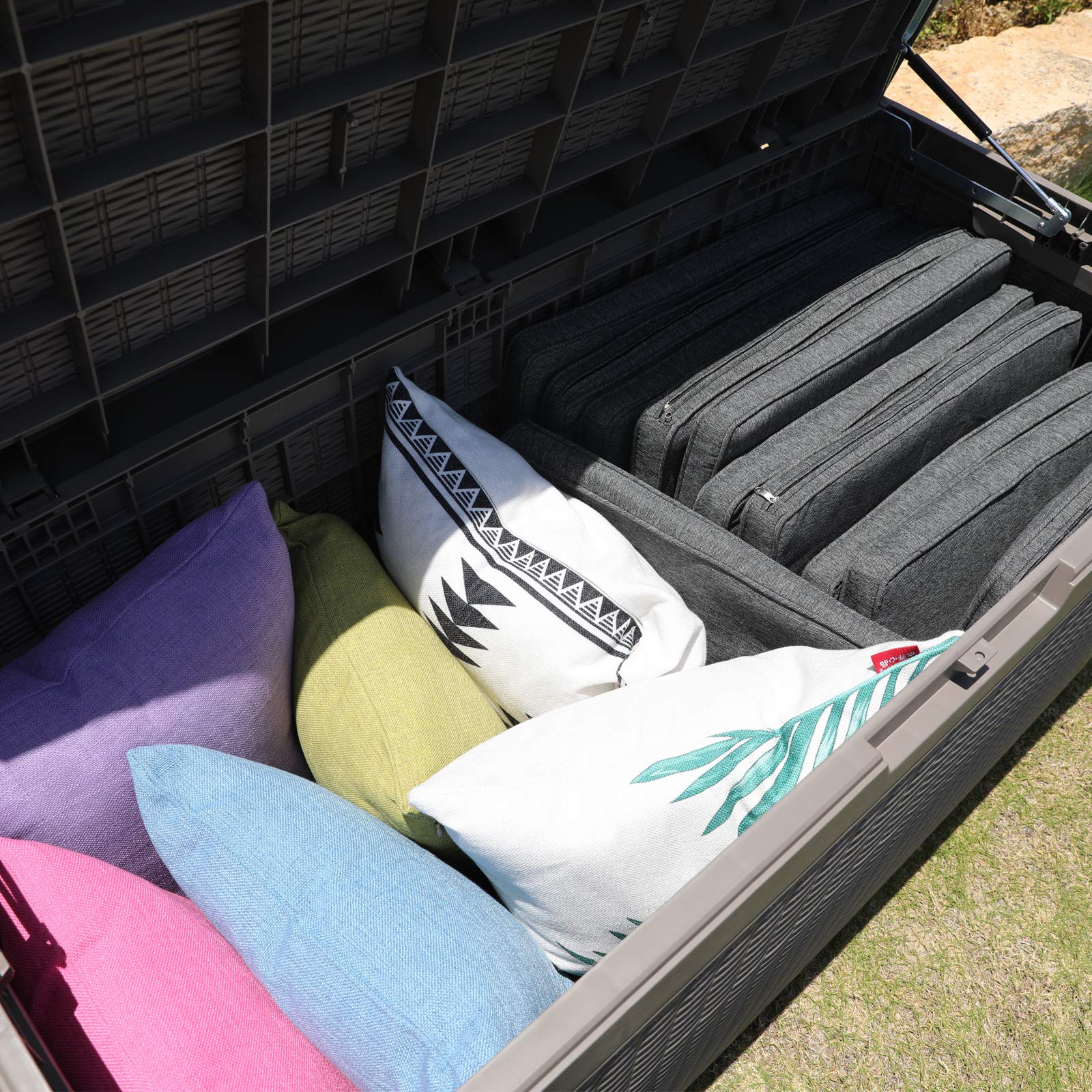 Modern-Depo 100 Gallon Deck Box Waterproof Outdoor Storage Bench Resin Pool Towel Storage Bin Porch Delivery Box with Seat Cushion, Gray