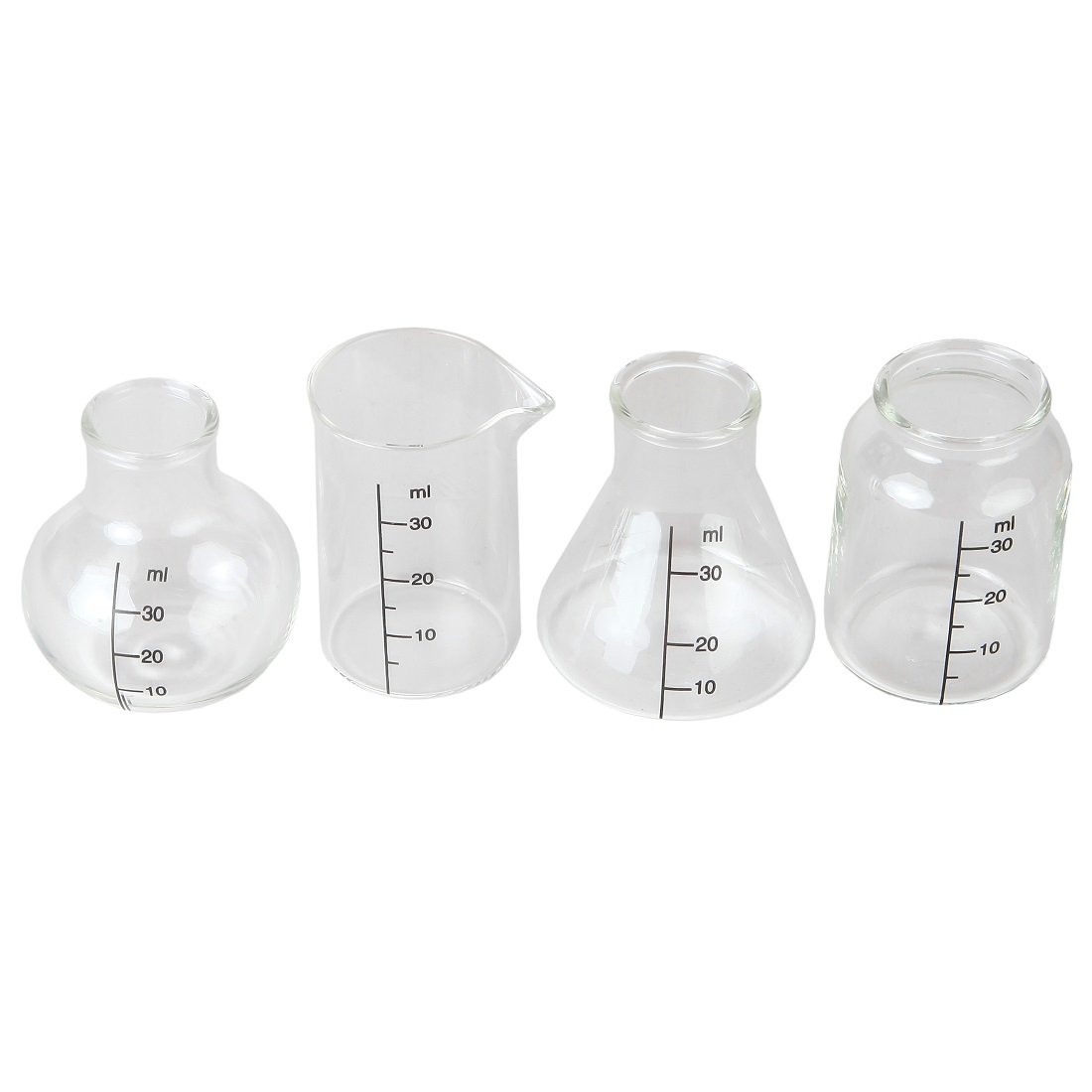 Lily's Home Mini Science Beaker and Flask Shot Glasses, Great Gift for Chemistry and Bio Grads, Nurses and Doctors, Clear 2 to 2 1/8" Tall, Set of 4 Assorted