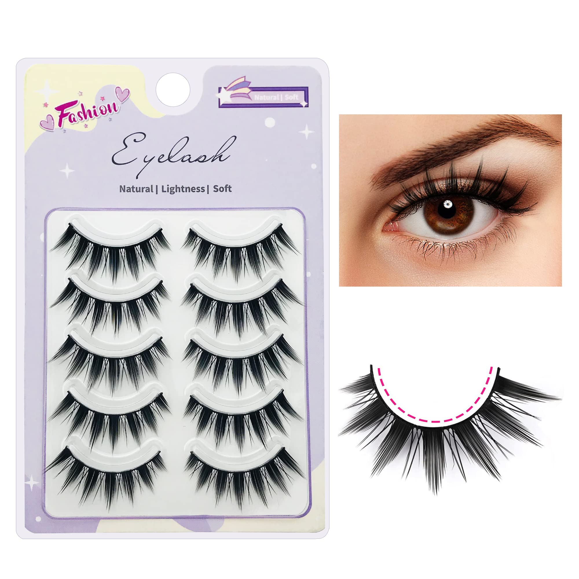 Manga Lashes, Wispy Anime False Eyelashes Natural Look, Fluffy Spiky 3D Doll Eyelashes, Korean Japanese Asian Cosplay Strip Lashes Look Like Individual Cluster, Reusable Lashes, 5 Pack