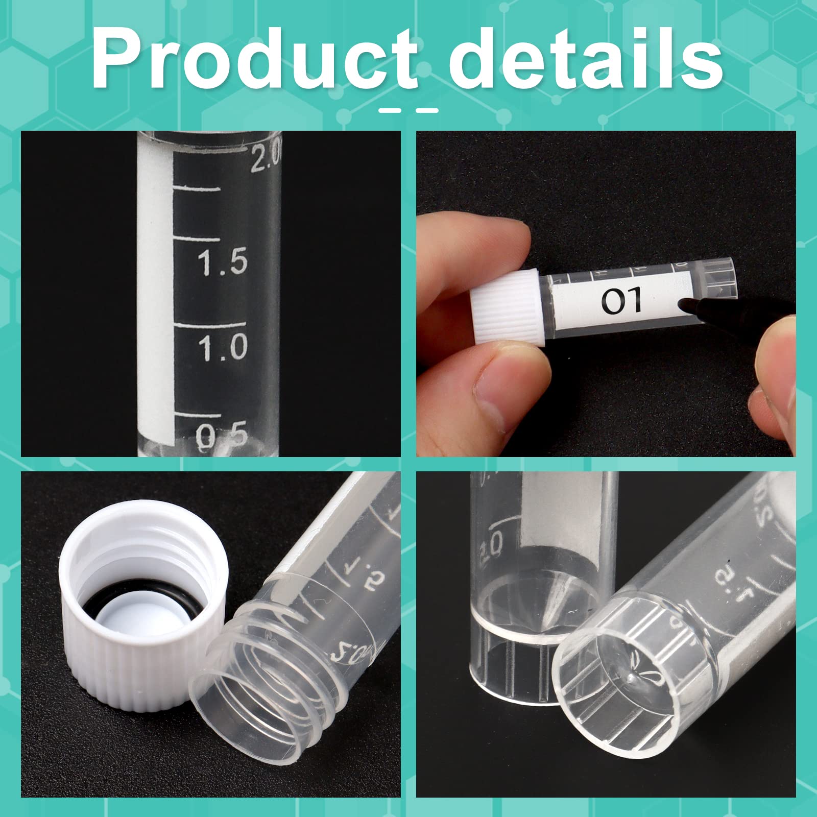 NHYAMX 50 Pack 2ml Lab Plastic Frozen Test Tubes Vial Seal Cap Graduated Plasti Cryogenic Vial Tube with Screw Caps Container for Laboratory School Educational