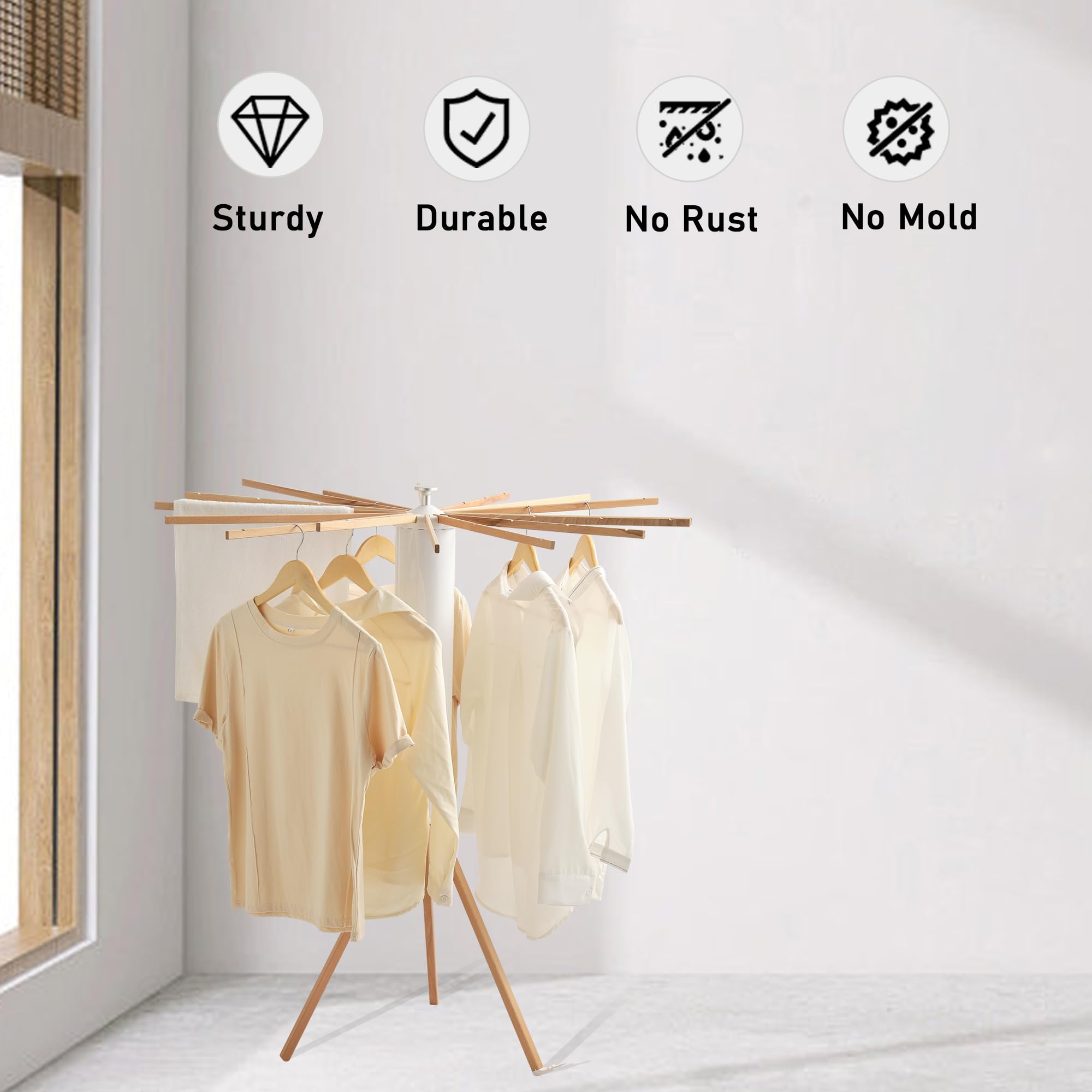 SONICA Drying Rack Clothing,Clothes Drying Rack Foldable Portable, Tripod Wooden Laundry Rack Drying,Space Saving Collapsible Drying Racks for Laundry for Travel and Daily Family Use.