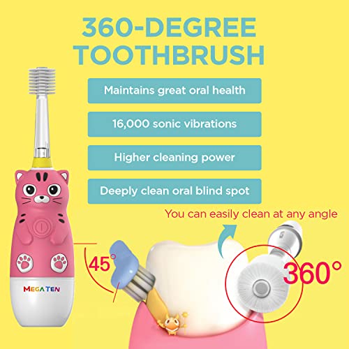 MEGA TEN 360-Degree Kids Electric Toothbrush Made in Korea | LED Light & Soft Microfiber Bristles & Comfortable Grip | Fun & Easy Brushing for Kids 12-48 Months | Built-in Timer | BPA Free | Pink Cat
