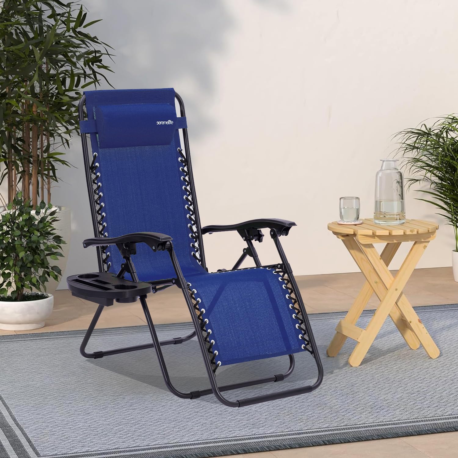 SereneLife SLZGHBLU29.5 Outdoor Adjustable Zero Gravity Lounge Chair Recliners with Plastic Cup Holder Side Table and Padded Headrest Pillows, 2 Pack, (Blue)