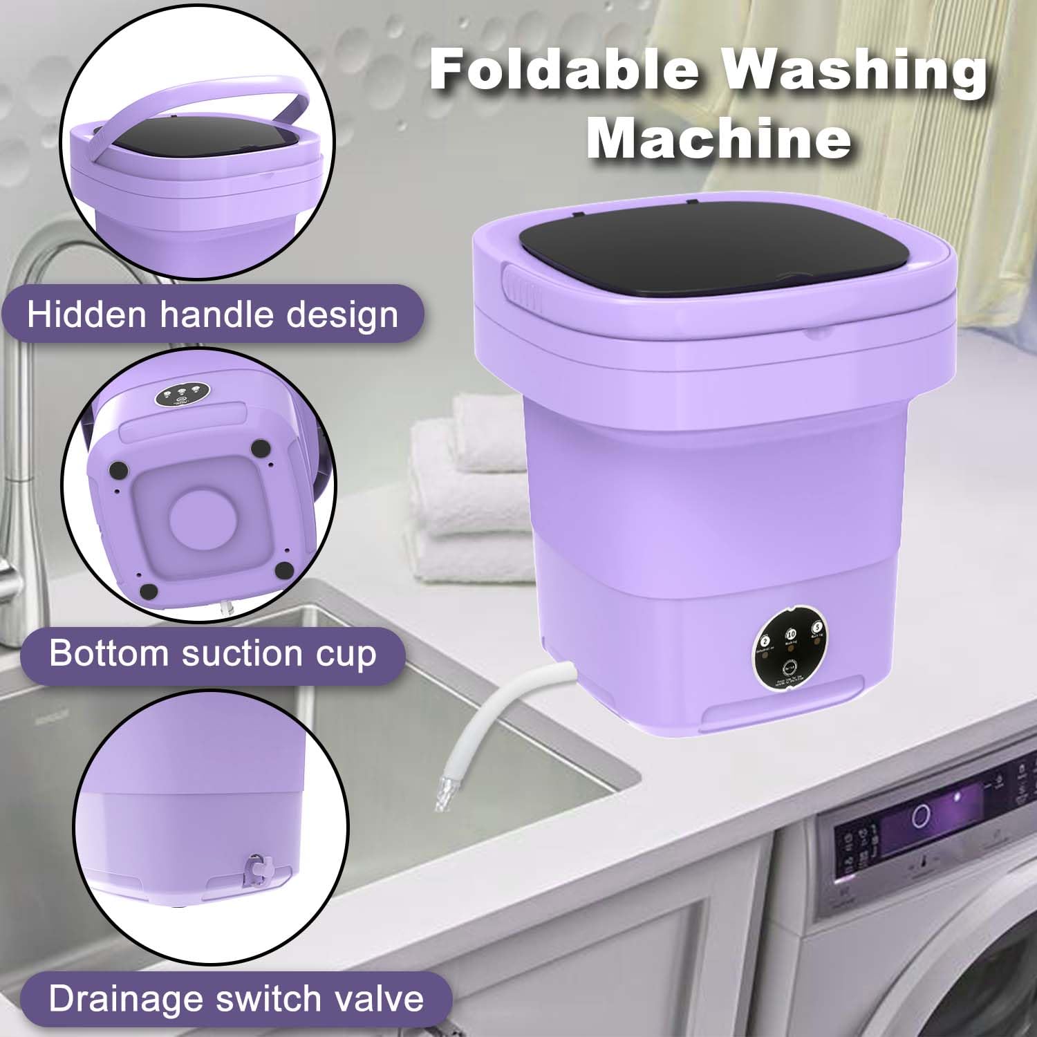 Portable Washing Machine,12L Mini Washer with Foldable Design, Small Folding Washing Machine with 3 Intelligent Cleaning Modes for Travel,Apartment,Baby Clothes,Socks(Purple)