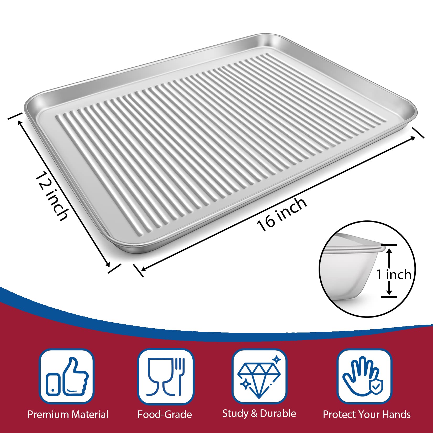 Large Baking Sheet Pan Set of 2 for Oven, P&P CHEF Stainless Steel Cookie Sheets Trays Bakeware, Rectangle 16 x 12 x 1 Inch, Corrugated Bottom & Mirror Finished Surface, Dishwasher Safe