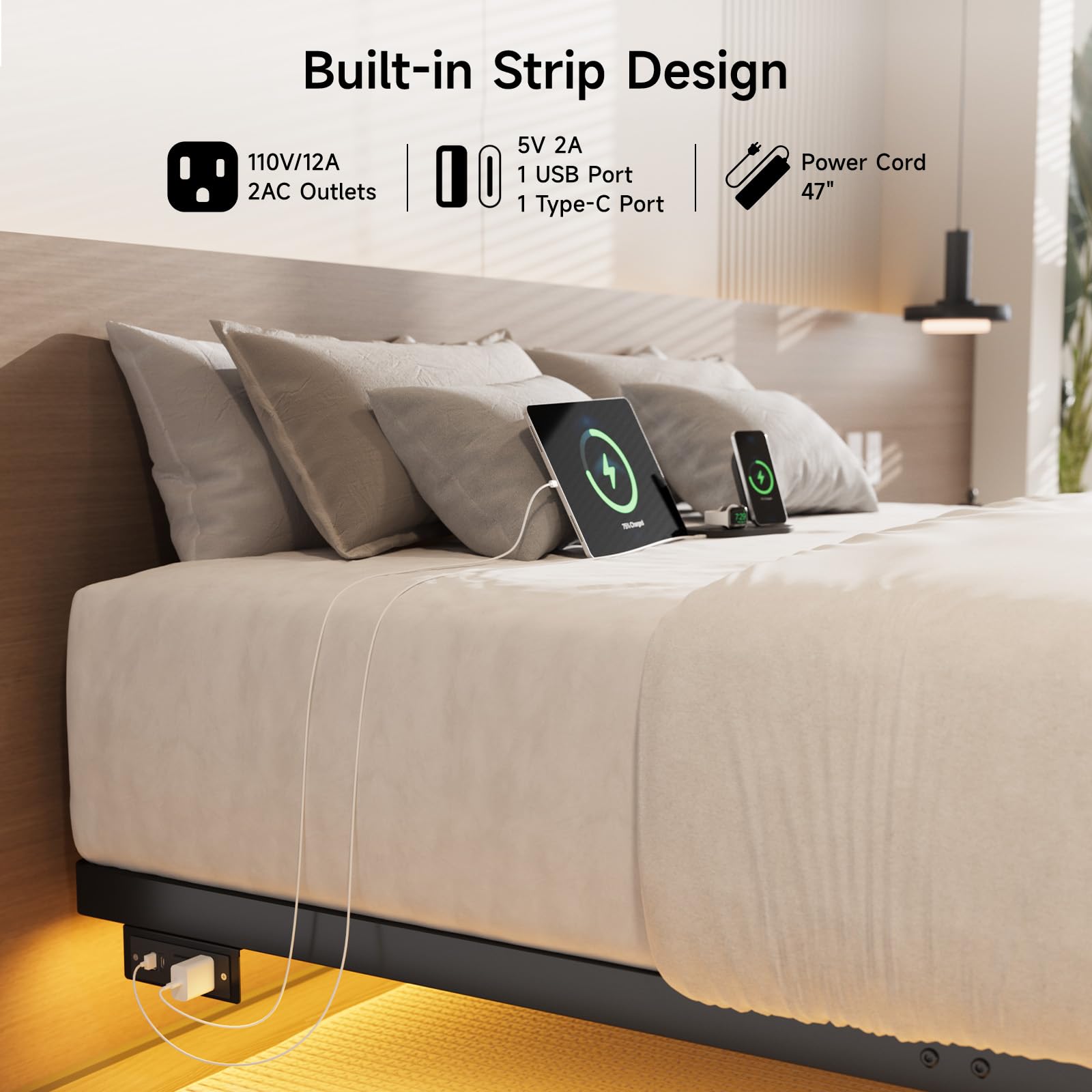 ONBRILL Full Size Floating Bed Frame with USB Charging Station and Smart LED Lights, Heavy Duty Metal Platform Bed with Underbed Storage Space, Easy to Assemble, Noise-Free, No Box Spring Needed