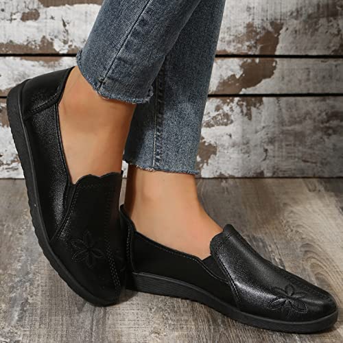 Ladies Fashion Solid Color Leather Flower Embroidery Flat Comfortable Casual Shoes Rubber Sole Shoe
