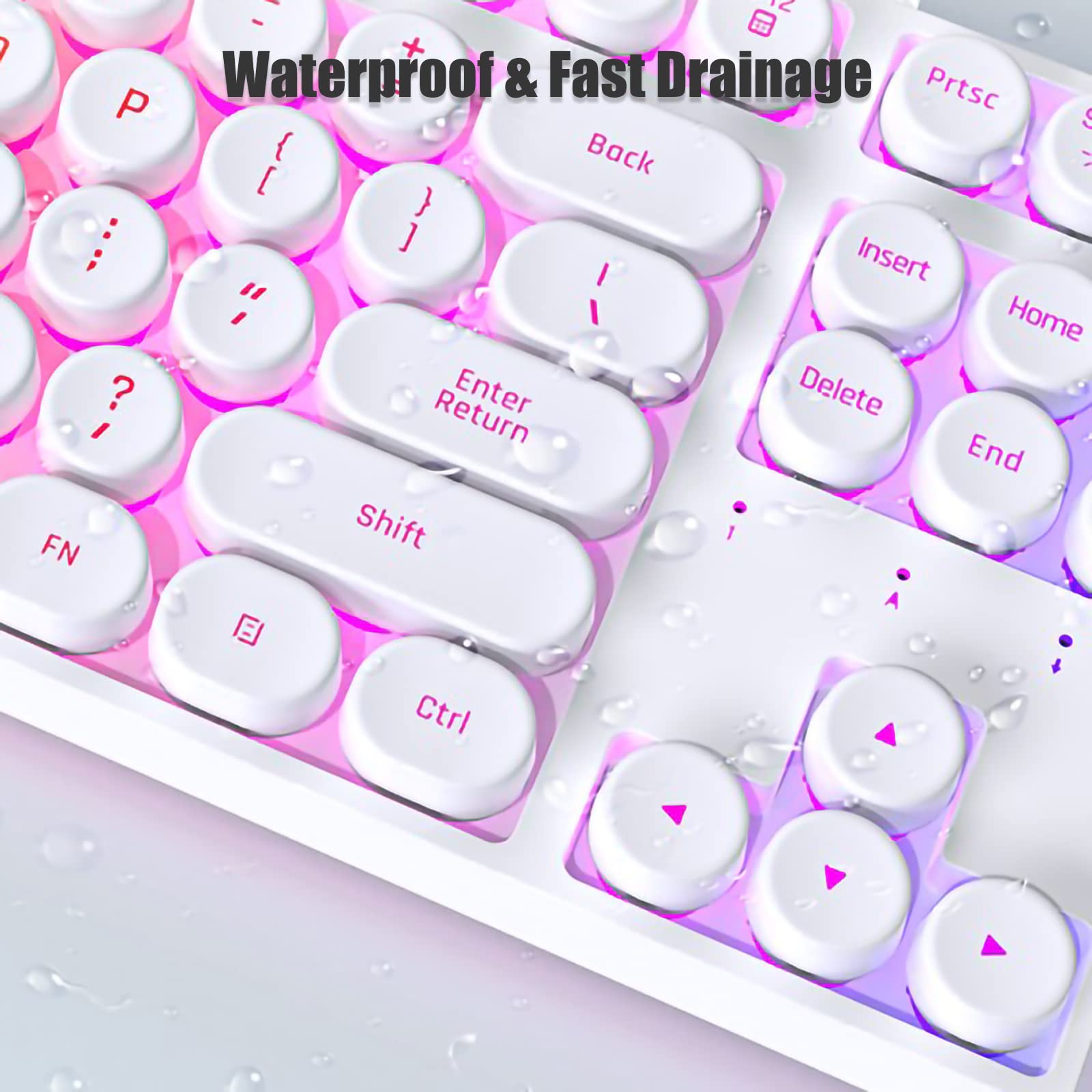 MYKYLIN Cheap Gaming Keyboard Rainbow LED Backlit Typewriter Round Keycap 87-Key Compact Portable Anti-Ghosting Quiet Silent Mechanical Feeling Waterproof Light Up Wired USB for PC/Mac/Laptop, White