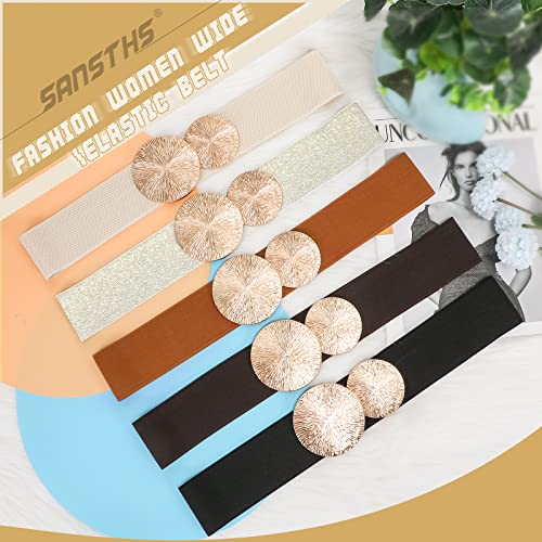 SANSTHS Women Wide Elastic Belt with Gold Buckle for Dress Stretchy Vintage Waist Black Belt, S