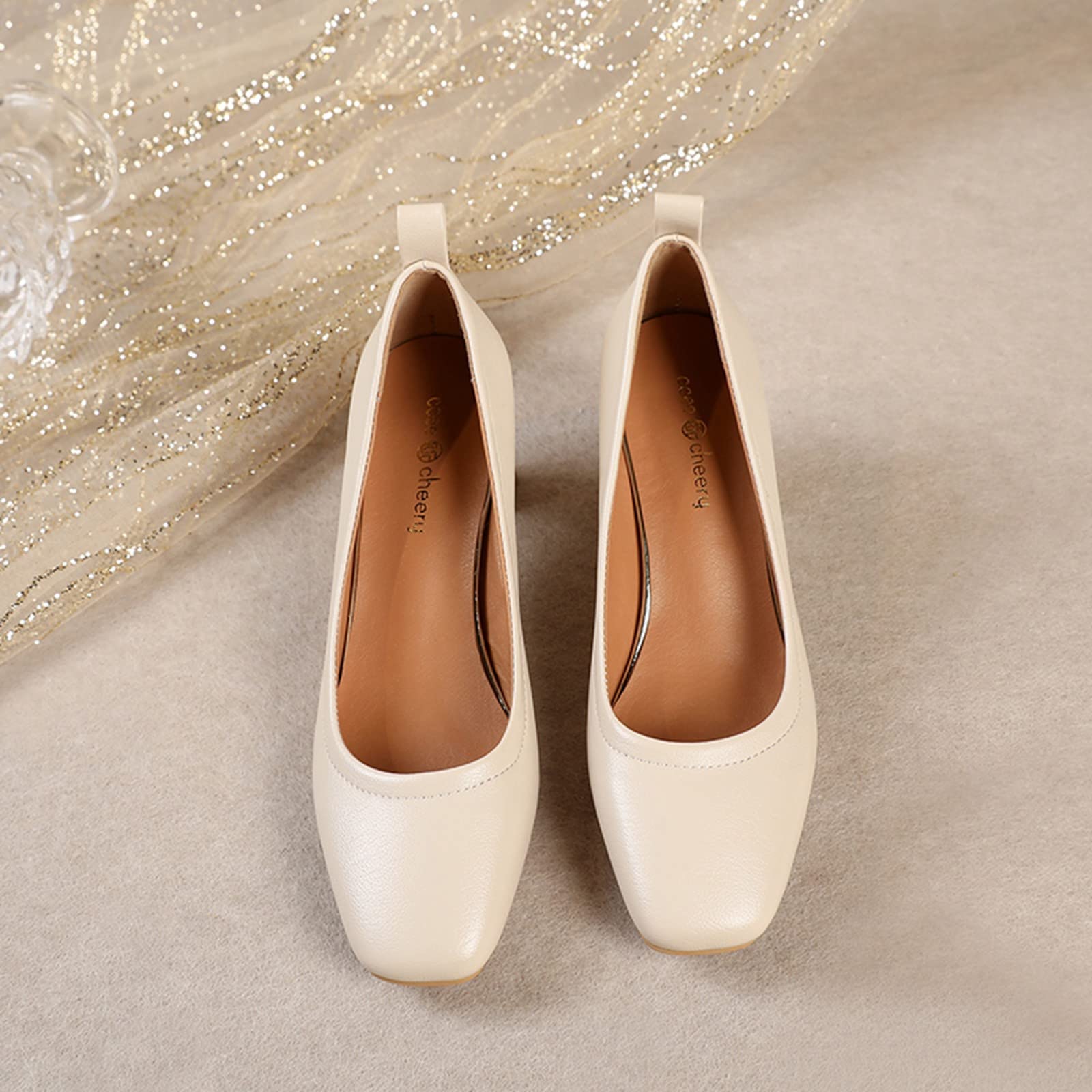 Ladies Fashion Solid Color Leather Square Head Thick High Heeled Casual Shoes Chunky Platform Loafer Beige