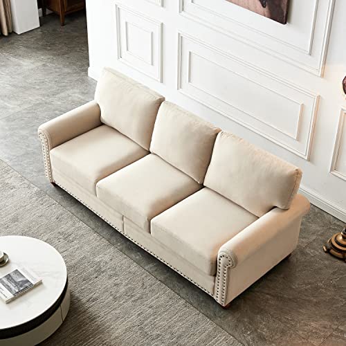 RUIFUDA 3 Seater Couch Sofa, Modern Sofa with Classic Nails & Seat Cushion Backrest Removable for Living Room, Bedroom, Apartment, Beige-3 Seater