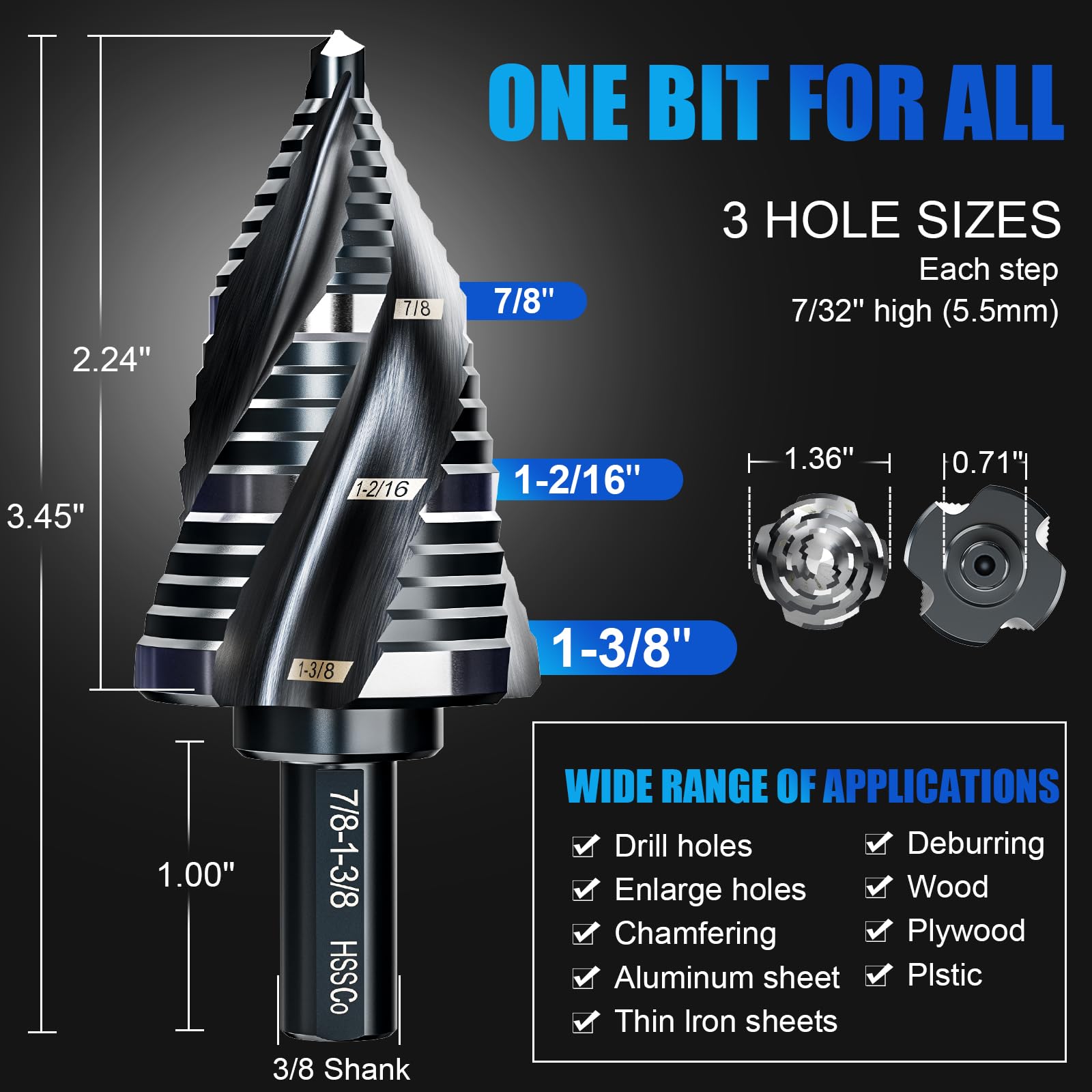 M35 Four Spiral Flute Step Drill Bit Set 1/4" - 1-3/8" (19 Sizes, 1/4" Hex Shank Unibit Step Drill bit, Impact Resistant M35 Cobalt Step Drill Bit, for Stainless Steel, Wood, Aluminum, Plastic