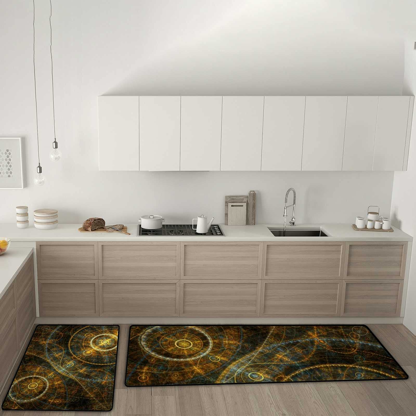 Kitchen Rugs and Mats Set of 2 Pieces Anti Fatigue Standing Mat Golden Mechanical Compass Steampunk Non Slip Washable Comfort Flooring Carpet Runner for Kitchen Home