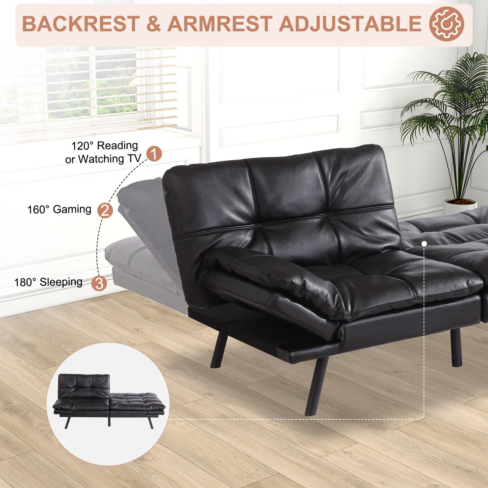 MUUEGM Futon Sofa Bed, Futon Bed Couch, Convertible Sofa Bed, Memory Foam Futon Sofa for Compact Living Room, Small Space, Apartment, Office,Brown Faux Leather