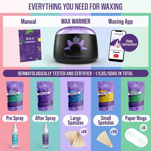 Tress Wellness Waxing Kit for Brazilian Wax - Easy to Use - For Sensitive Skin - Digital Display, Black Purple Flower