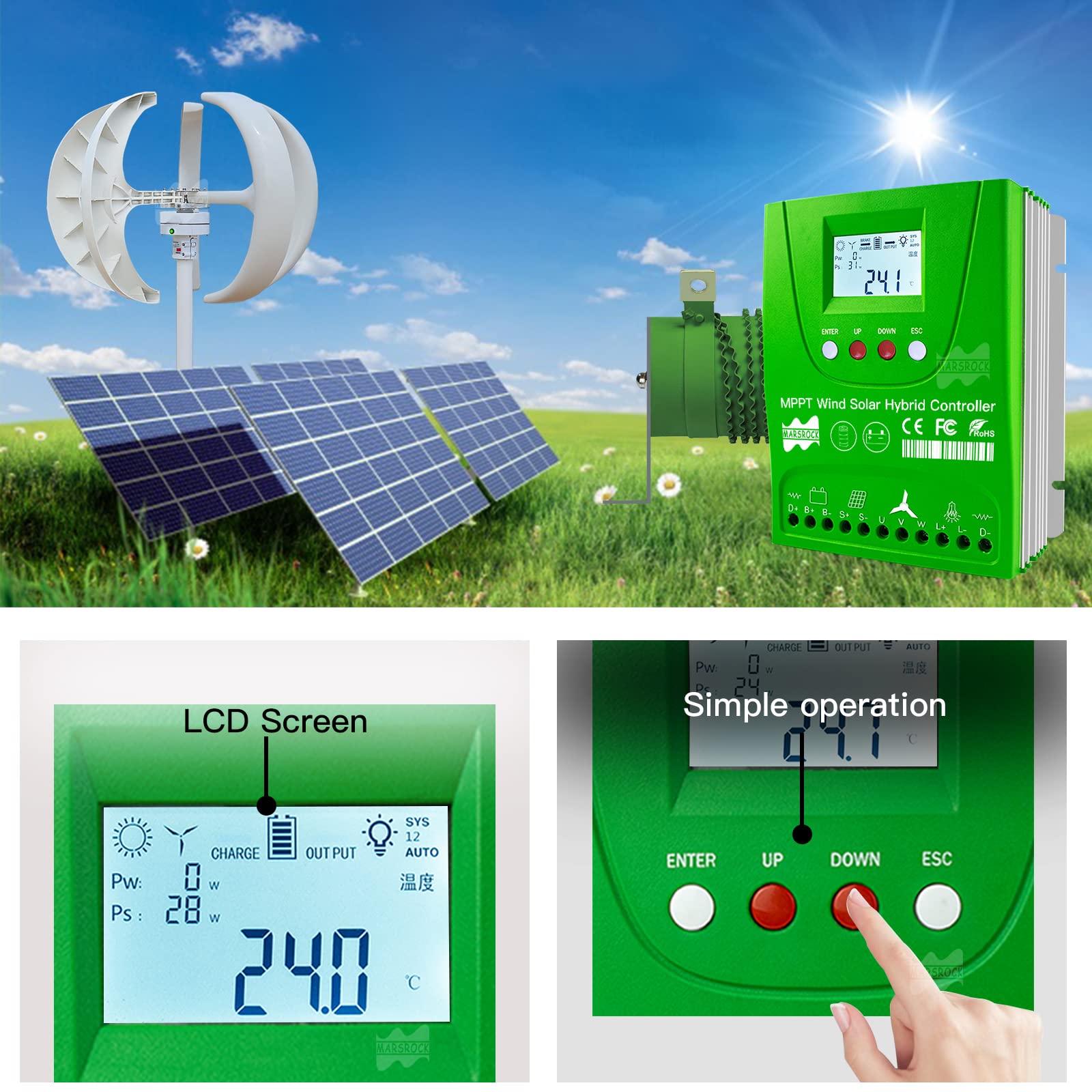 Mars Rock 2000w Regulator Max Wind 1000w Max Pv 1000w Mppt Wind Solar Hybrid Controller Bluetooth Android App