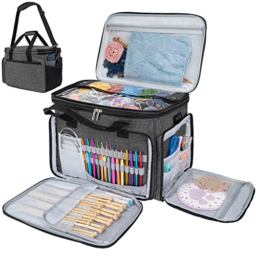 PAVILIA Knitting Bag Yarn Storage Tote, Large Crochet Organizer Bag, Yarn Storage Holder for Crocheting Knitter, Knitting Project Bag, Crochet Accessories Set, Gifts for Crochet Lovers, Charcoal Grey