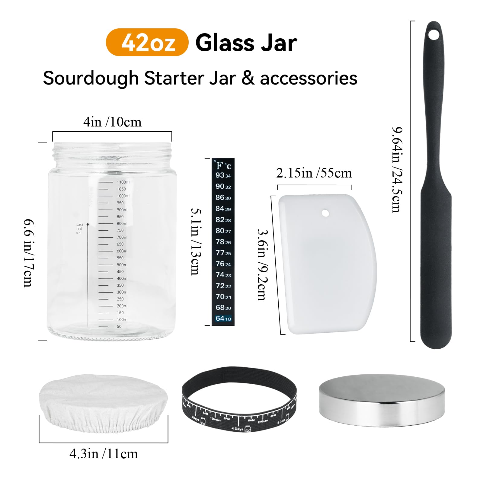 Sourdough Starter Kit 42Oz Sourdough Starter Jar Glass Wide Sourdough Bread Baking Supplies, Brewing Fermentation Carboys Sourdough Bread Starter Kit with Cloth Cover, Lid&Feeding Tracker Band-1PACK