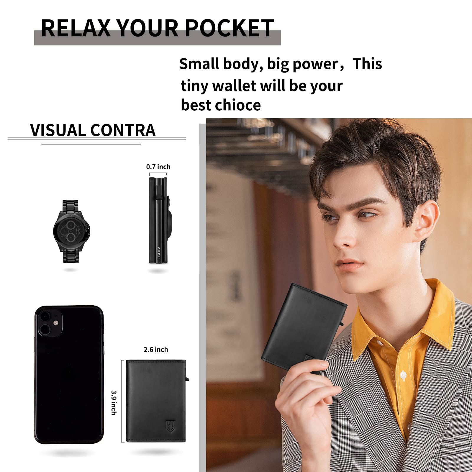 Leaov AirTag Wallet RFID Blocking Pop Up Wallet Credit Card Holder for Apple AirTag,Genuine Leather Simple AirTag Wallet(AirTag not included) Black