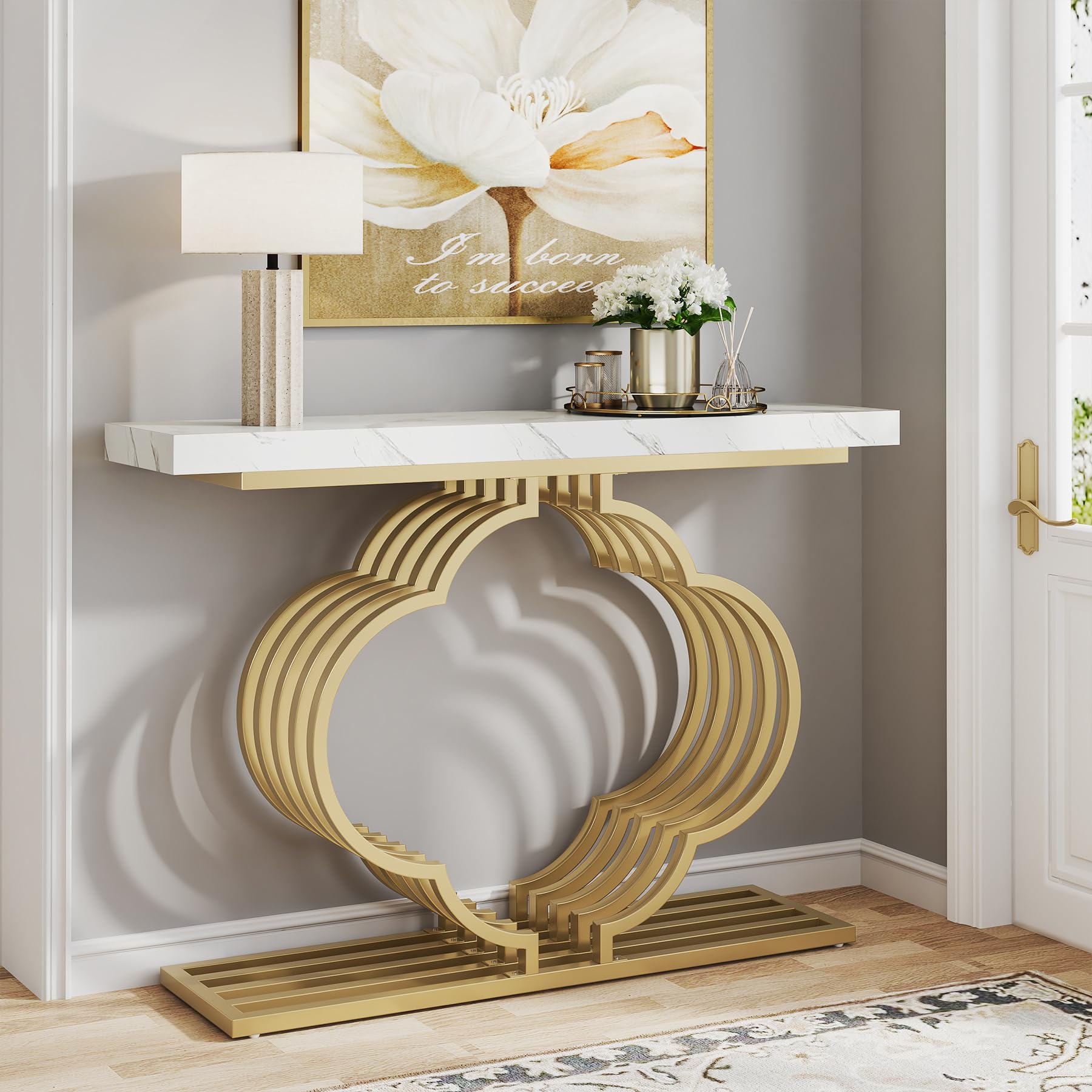 LITTLE TREE Console 41 inches Faux Marble Entryway Mordern Sofa Table with Flower Shaped Pedestal for Living Room, White & Gold