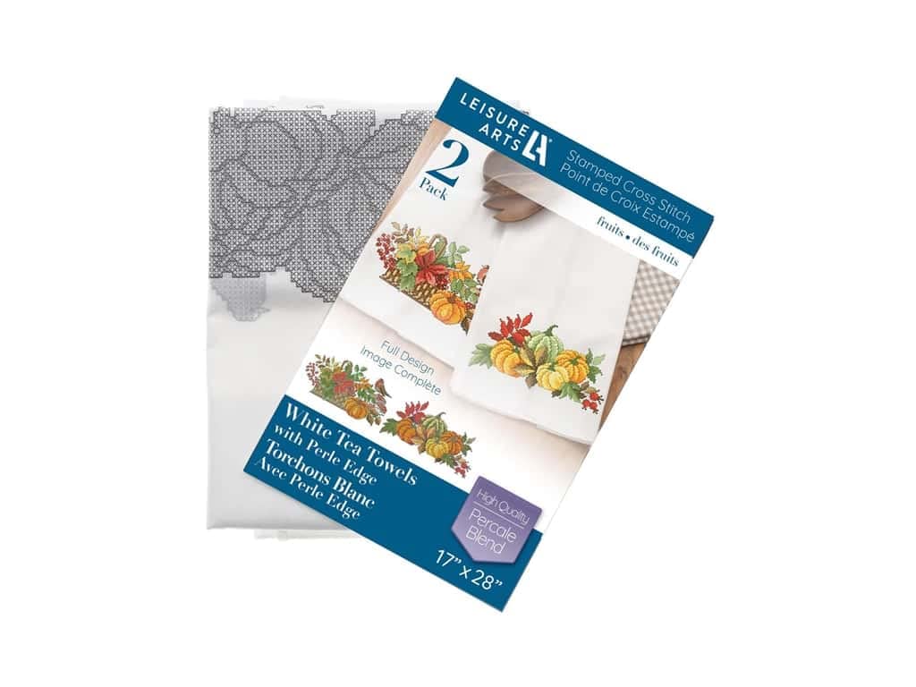 LEISURE ARTS Tea Towel 17"x28" Fruits 2pc, Towel Set, Embroidery kit, Bathroom Hand Towels, Kitchen Towel, Cross Stitch Kits, Stamped Cross Stitch Kits