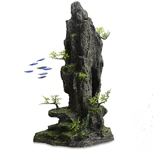 Saim Tall Mountain View Stone Aquarium Ornament Artificial Mountain Hill View Stone Rock Cave Fish Hiding Cave for Betta Fish Amano Shrimp Cichlid to Play,Hide and Rest - A
