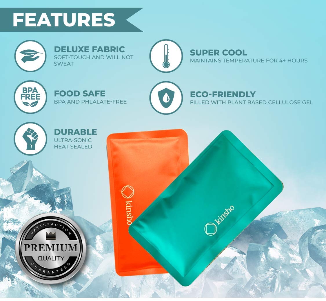 kinsho Ice Pack for Kids Lunch Box, Bag and Bento Boxes, 4 Pack Set, Reusable and Refreezable Soft Slim Pouches for Travel, School, Work or Camping, Long Lasting Cold, Flexible | Aqua Orangeā¦