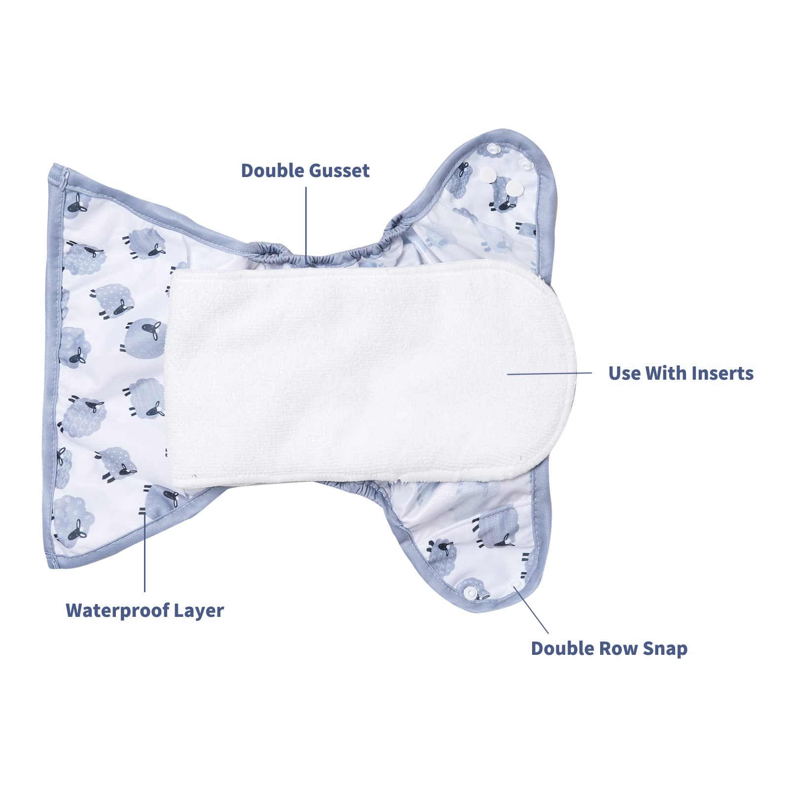 One Size Reusable Cloth Diaper Covers Adjustable Snap Fit & Double Leg Gussets for Baby Boys & Girls from 7-33 Pounds. Use with Cloth Diapers or Snap-in Inserts.
