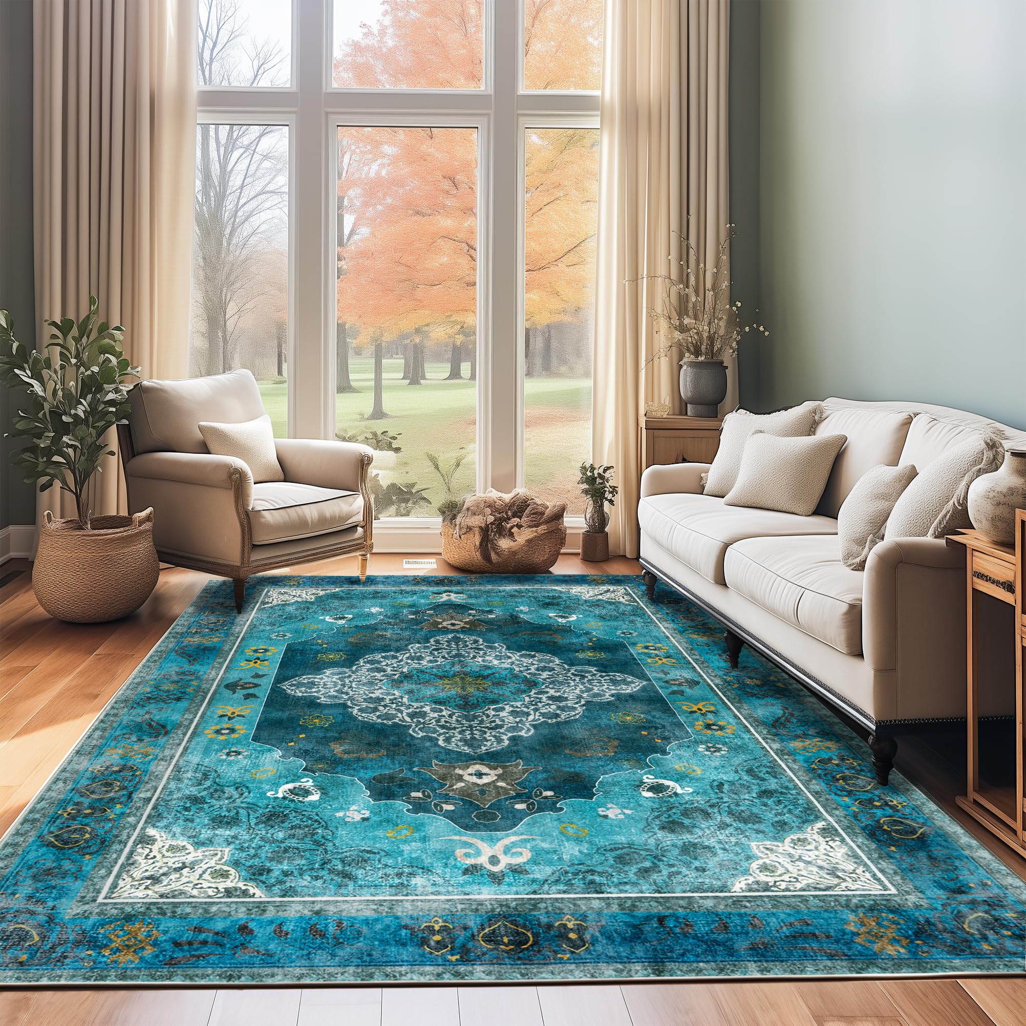 Quntue Area Rug 6x9 Washable Rug for Living Room, Large Low Pile Print Vintage Rug Non-Slip Stain Resistant Floral Carpet, Indoor Distressed Retro Floor Rug for Bedroom Dining Room Office, Green