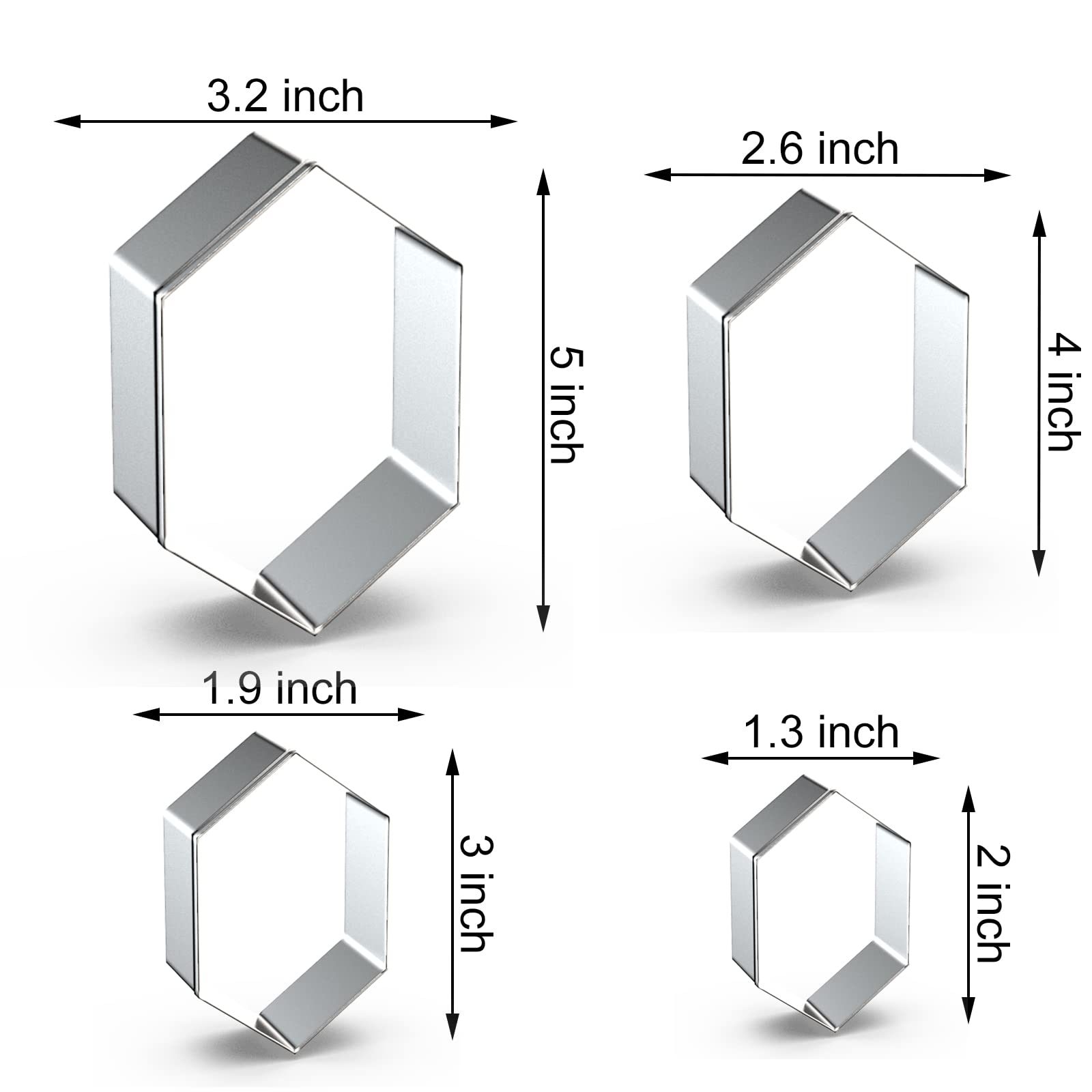 Long Hexagon Cookie Cutter Set Large - 5 Inch, 4 Inch, 3 Inch, 2 Inch - Geometric Gem Cookie Cutters Shapes Molds - Stainless Steel