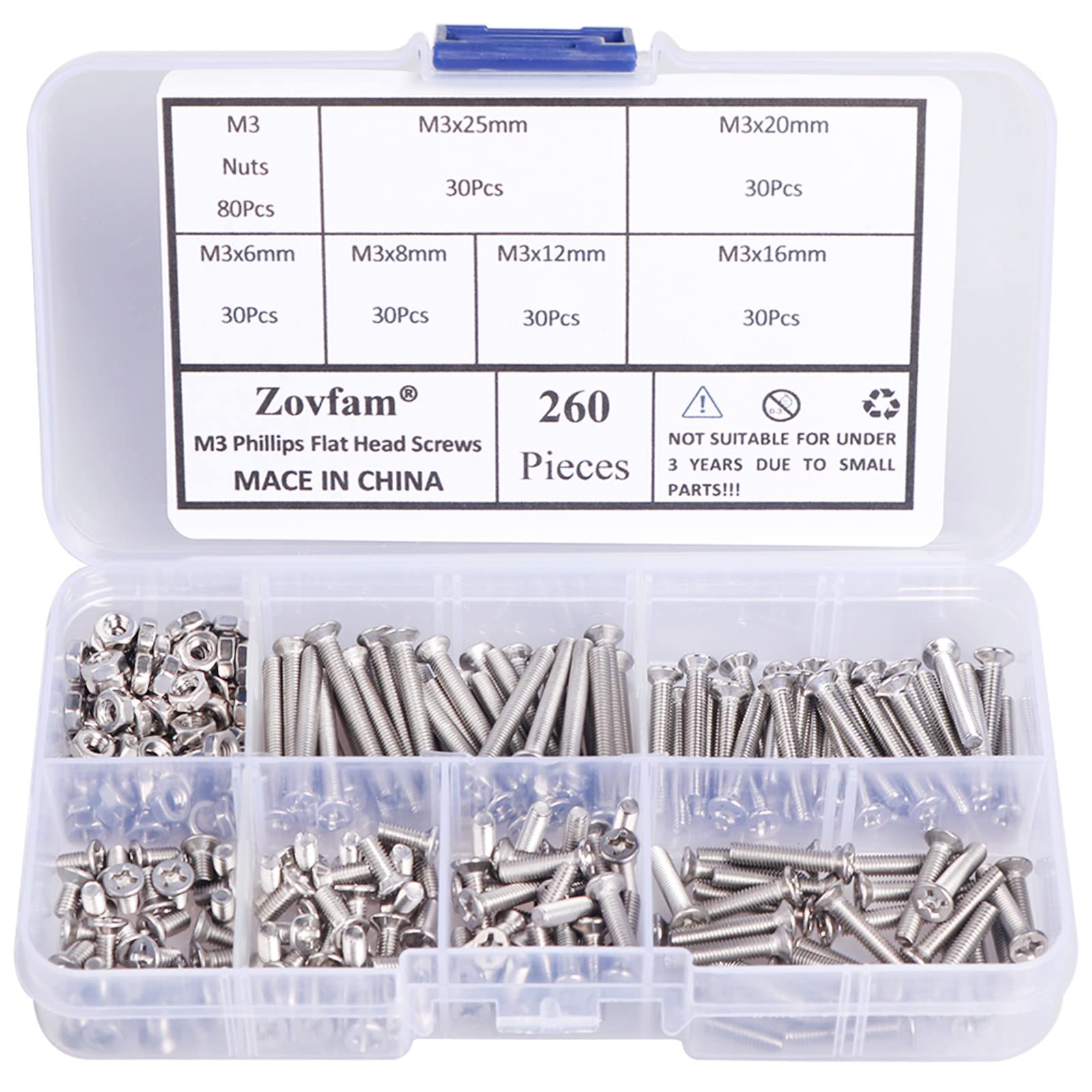 M3 Phillips Flat Head Screws Countersunk Bolts Nuts 304 Stainless Steel Nuts and Bolts Assortment Kit M3 x 6mm/ 8mm/ 12mm/ 16mm/ 20mm/ 25mm Metric Bolt Kit 260Pcs