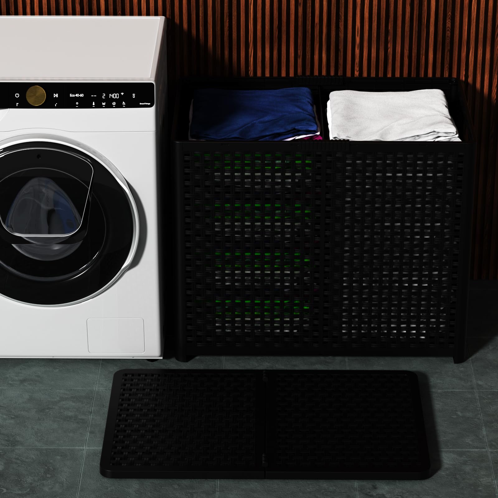 Udotry Plastic Folding 2 Compartments Laundry Hamper, Collapsible 2 Sections Laundry Basket with Lid, Black
