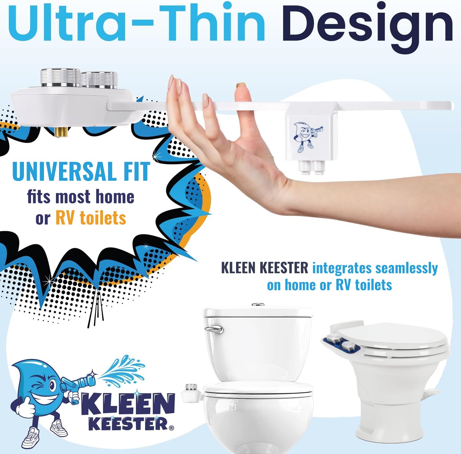 RV BIDET by KLEEN KEESTER - Dual Self Cleaning Nozzles, Front & Rear Cleaning, Non Electric Ultra-Thin Toilet Seat Attachment - Home Kit Included