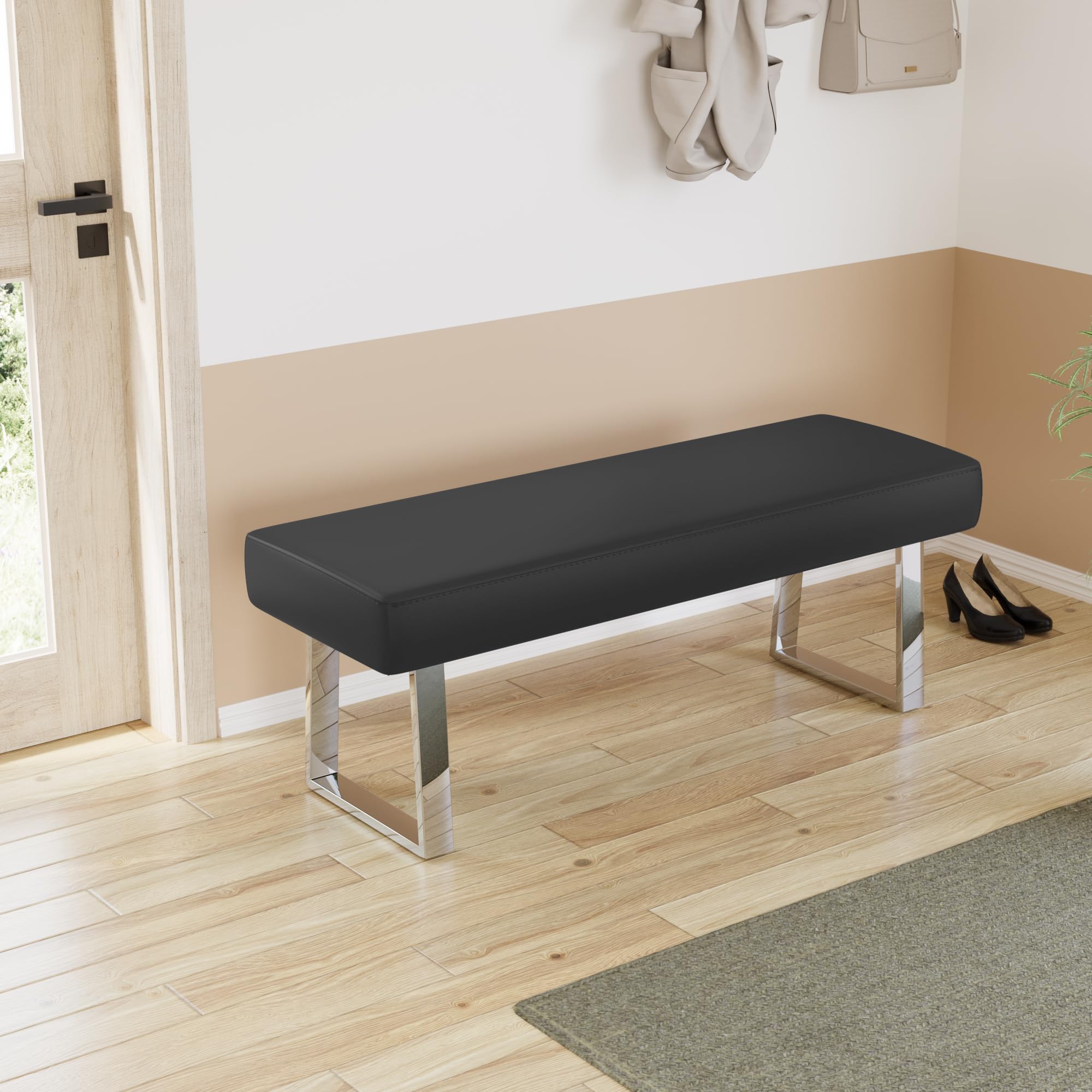 JIEXI 47in Upholstered PU Leather Long Bench, Waiting Room Bench Seating with Metal Leg, Reception Bench Office Chair, Bedroom Bench Corner Bench, for entryway and Living Room, Footstool (Black, 1.2m)