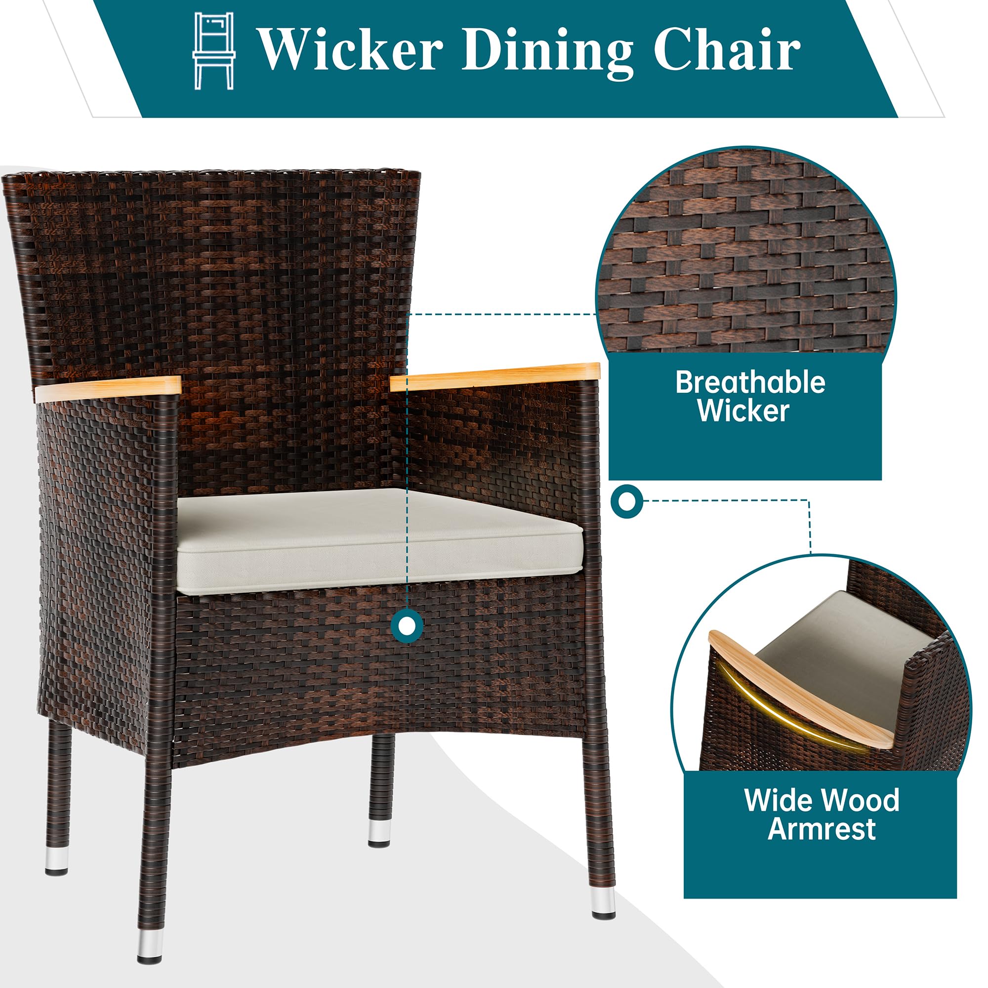 Shintenchi 5 Piece Patio Dining Set, Wicker Patio Conversation Set with Wood Table Top, Outdoor Table and Chairs with Soft Cushions for Backyard, Deck and Garden, Brown Rattan