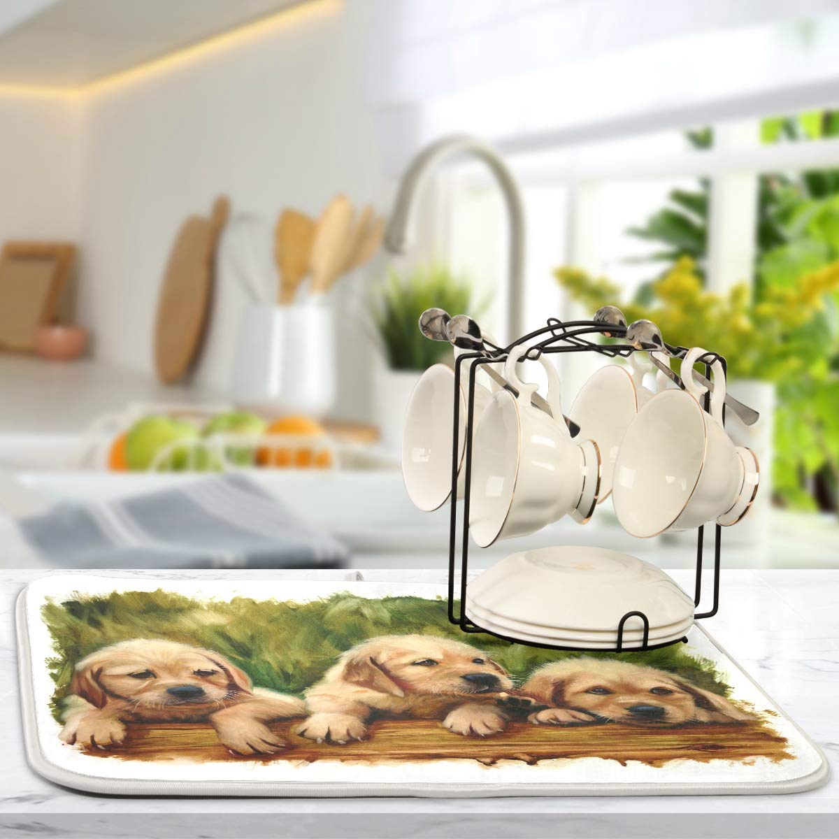 Kitchen Dish Drying Mat Watercolor Golden Retriever Dog Duggy Absorbent Washable Dish Drying Pad Drainer Rack Mat Heat Resistant Counter Protector for Glass Plate Cup Pan 16x18in
