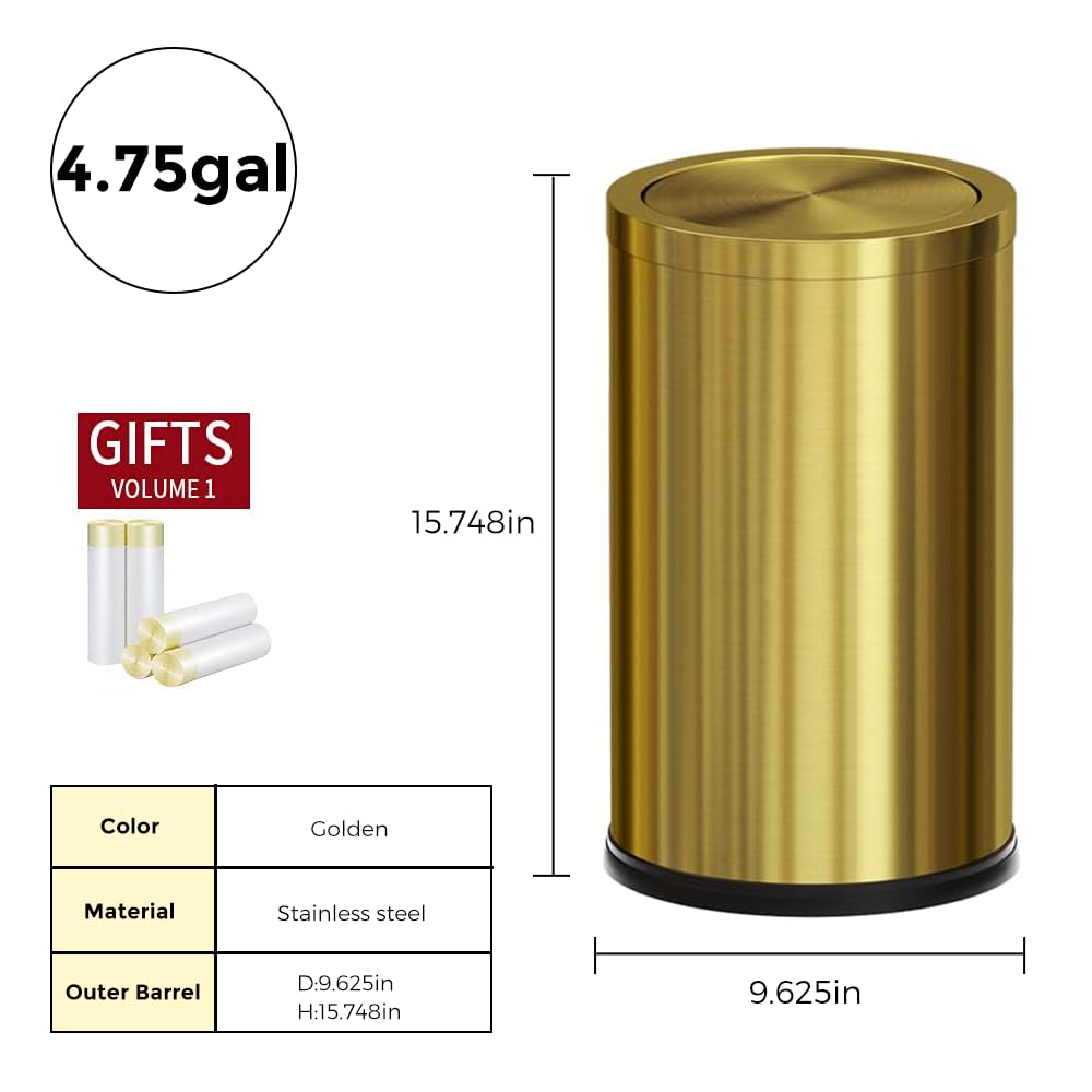 LEASYLIFE 18L/4.7GAL Stainless Steel Trash can,Kitchen Trash can with lid,Gold Kitchen Trash Can with Flipping Lid,Garbage cans for Kitchen,Living Room (4.7gal-Gold)
