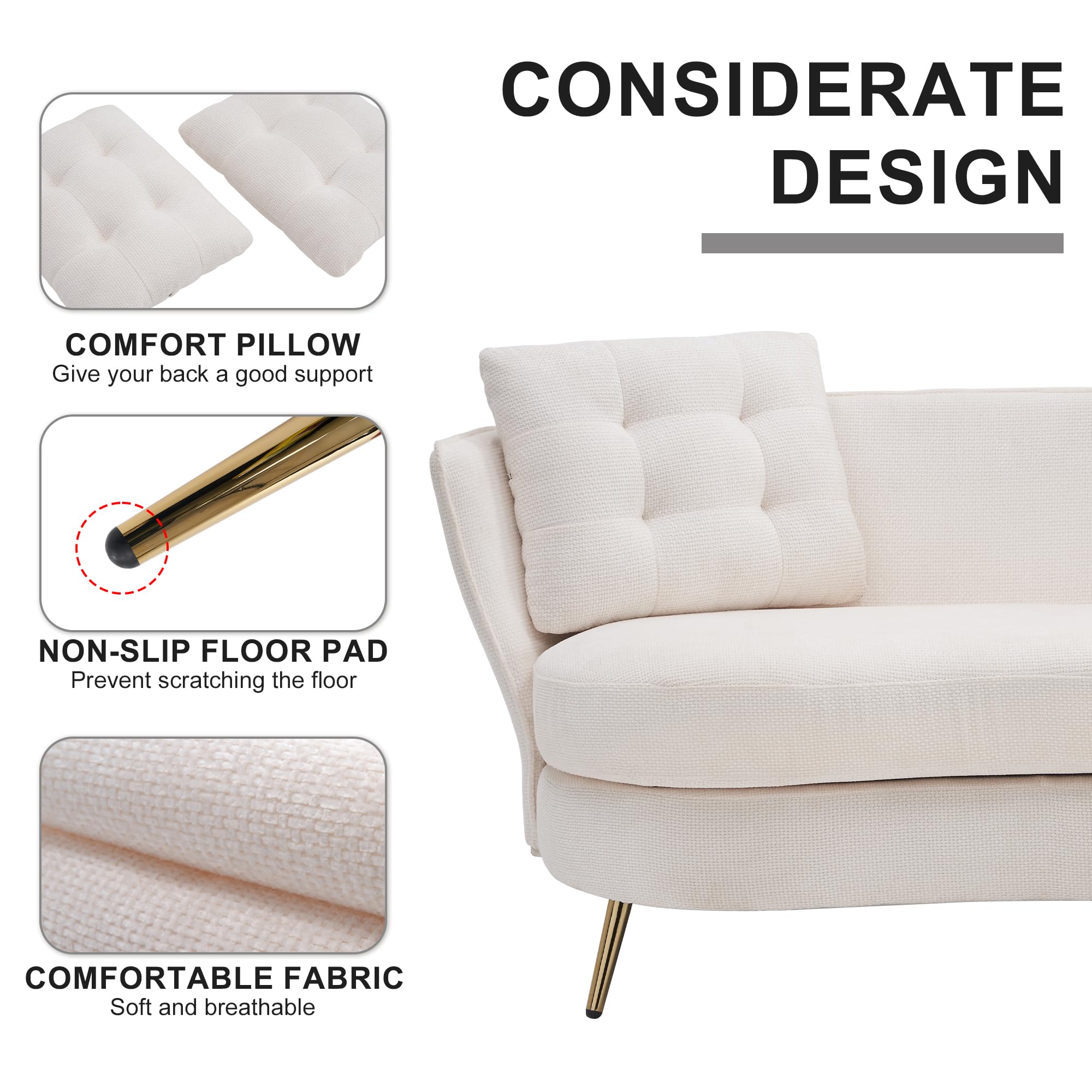 RENDGO Velvet Loveseat Sofa, 64.2'' Mid Modern Small Love Seats with 2 Pillows & Golden Legs Comfy Couch for Living Room, Upholstered 2 Seater Sofa for Small Apartment (White)