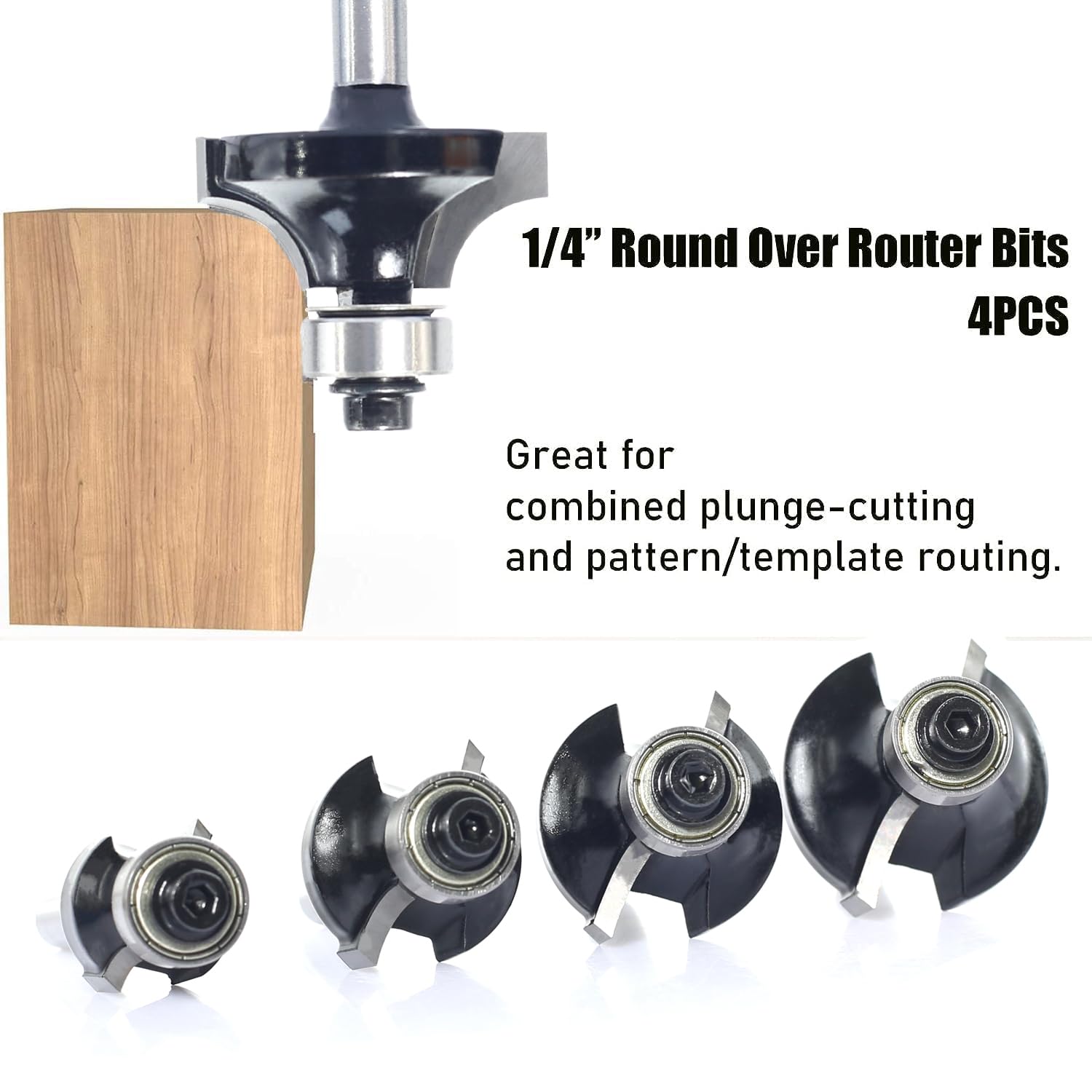 SICWOOD 4pcs Round Over Router Bits 1/4 Shank - Roundover Router Bit Set, Carbide Corner Rounding Edge-Forming Bit, Bearing Guide for Rounding Trim Radius 1/8", 1/4", 3/8", 5/16"…
