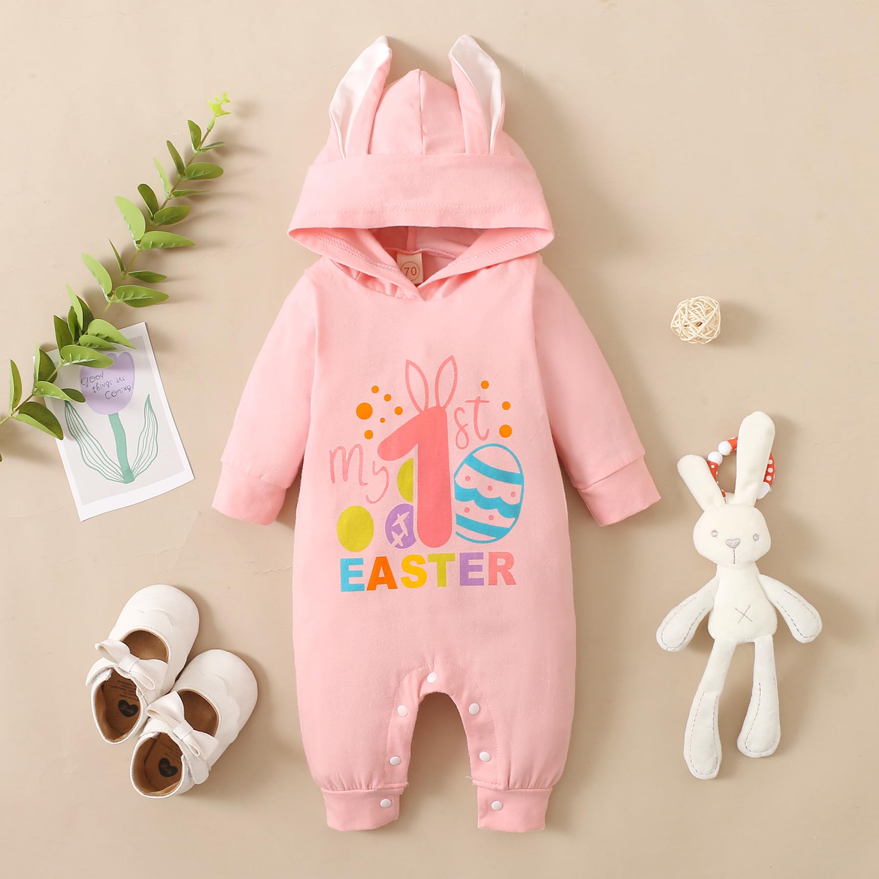 My 1st Easter Outfit Newborn Baby Girl Boy Long Sleeve Bunny Romper One Piece Rabbit Hoodie Jumpsuits Spring Clothes (Pink, 0-3 Months)