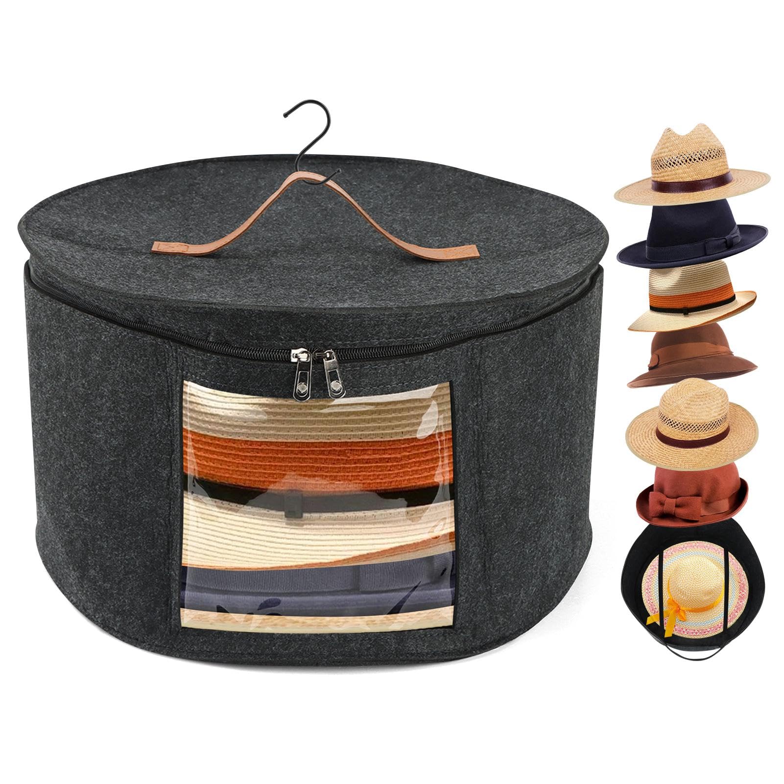 NINEFOX Hat Boxes for Women Storage, Hat Storage Box, Foldable Large Hat Box with Lids Round Box with Lid Toy Storage, Dark Grey