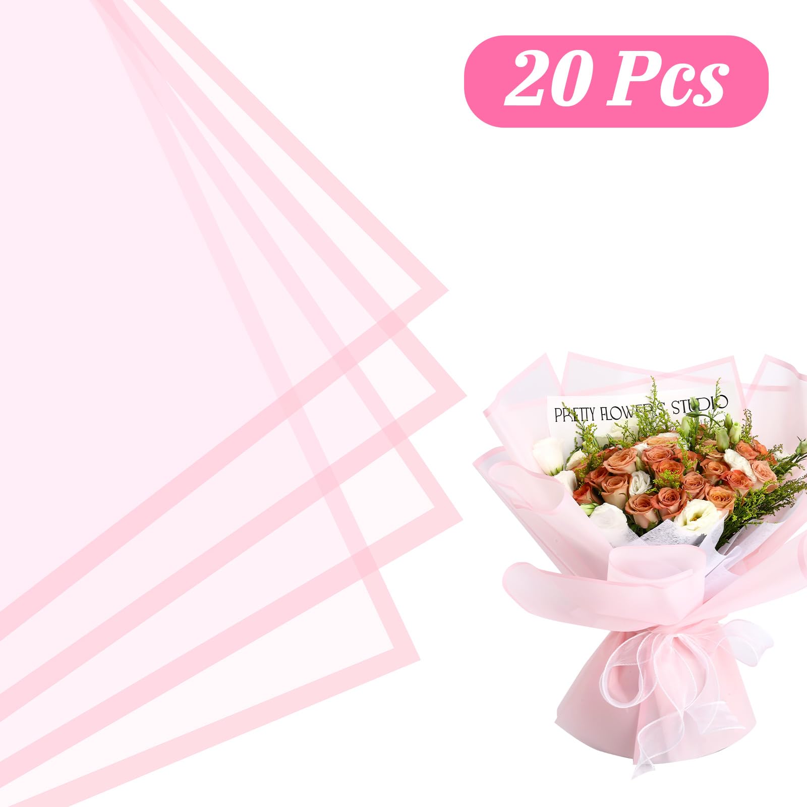 Rumvan Flower Wrapping Paper, 20 Sheets, Waterproof, Floral Bouquet Design, for Wedding, Birthday Gift, DIY Florist Supplies (Pink colour)