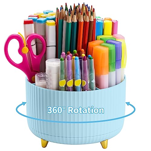 Marbrasse Desk Organizer, 360-Degree Rotating Pen Holder for Desk, Desk Organizers and Accessories with 5 Compartments Pencil Organizer, Art Supply Storage Box Caddy for Office, Home (Light Blue)