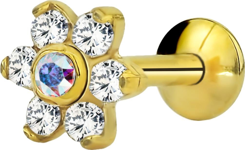 Forbidden Body Jewelry 16g 8mm Internally Threaded Gold IP Plated Tragus, Helix Earring and Labret Stud with Crystal Flower Top