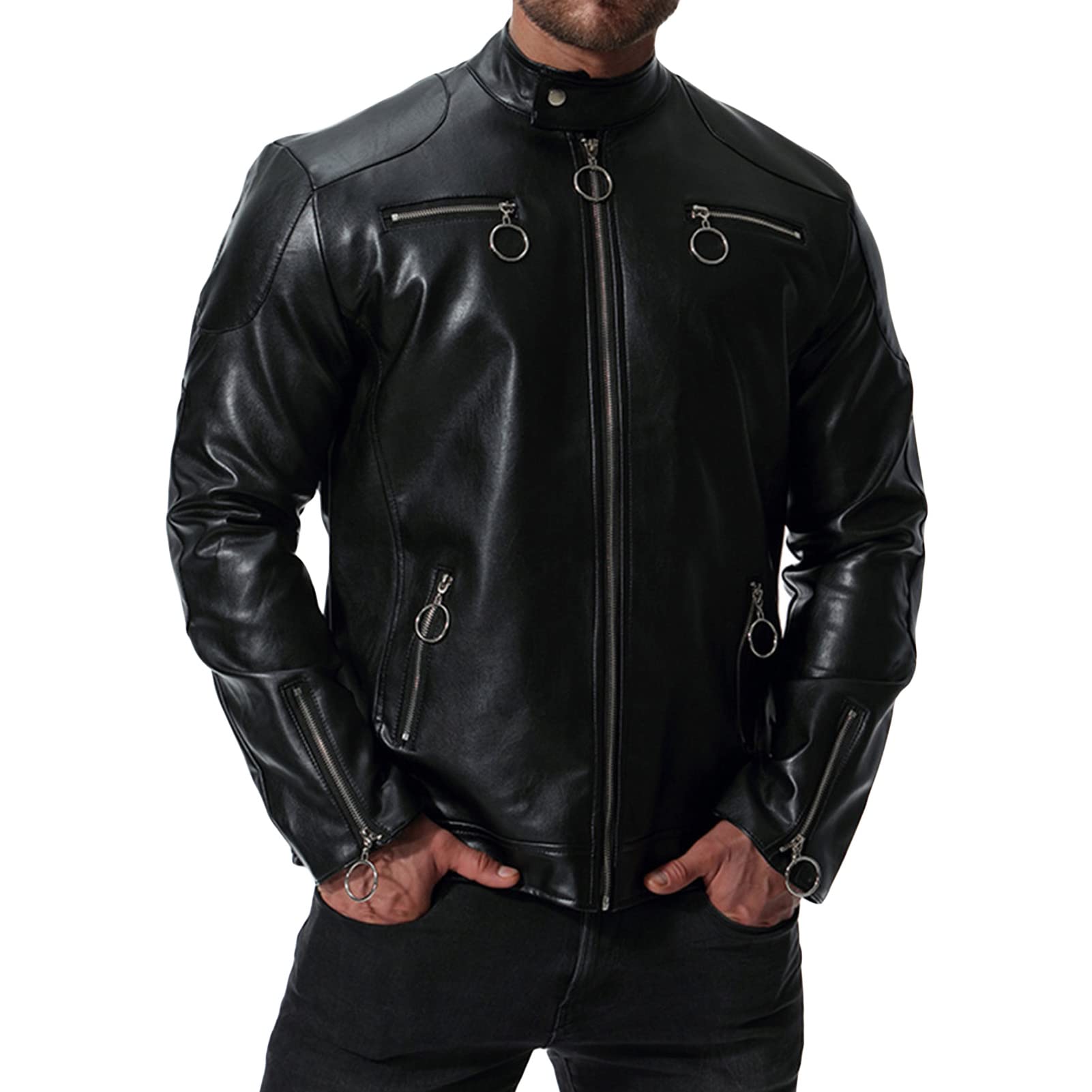 Maiyifu-GJ Men's Casual Faux Leather Jacket Stand Collar Retro Motorcycle Jacket Long Sleeve Zip Up Coat with Zipper Pockets (Black,Large)