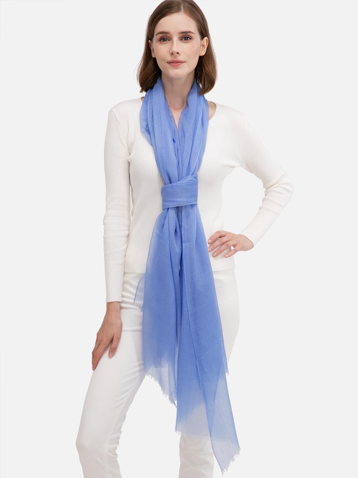 Ovcio Featherlight Cornflower Blue Cashmere Scarf - 100% Pure Cashmere Wrap Scarf for Women (87x39) with Gift Box