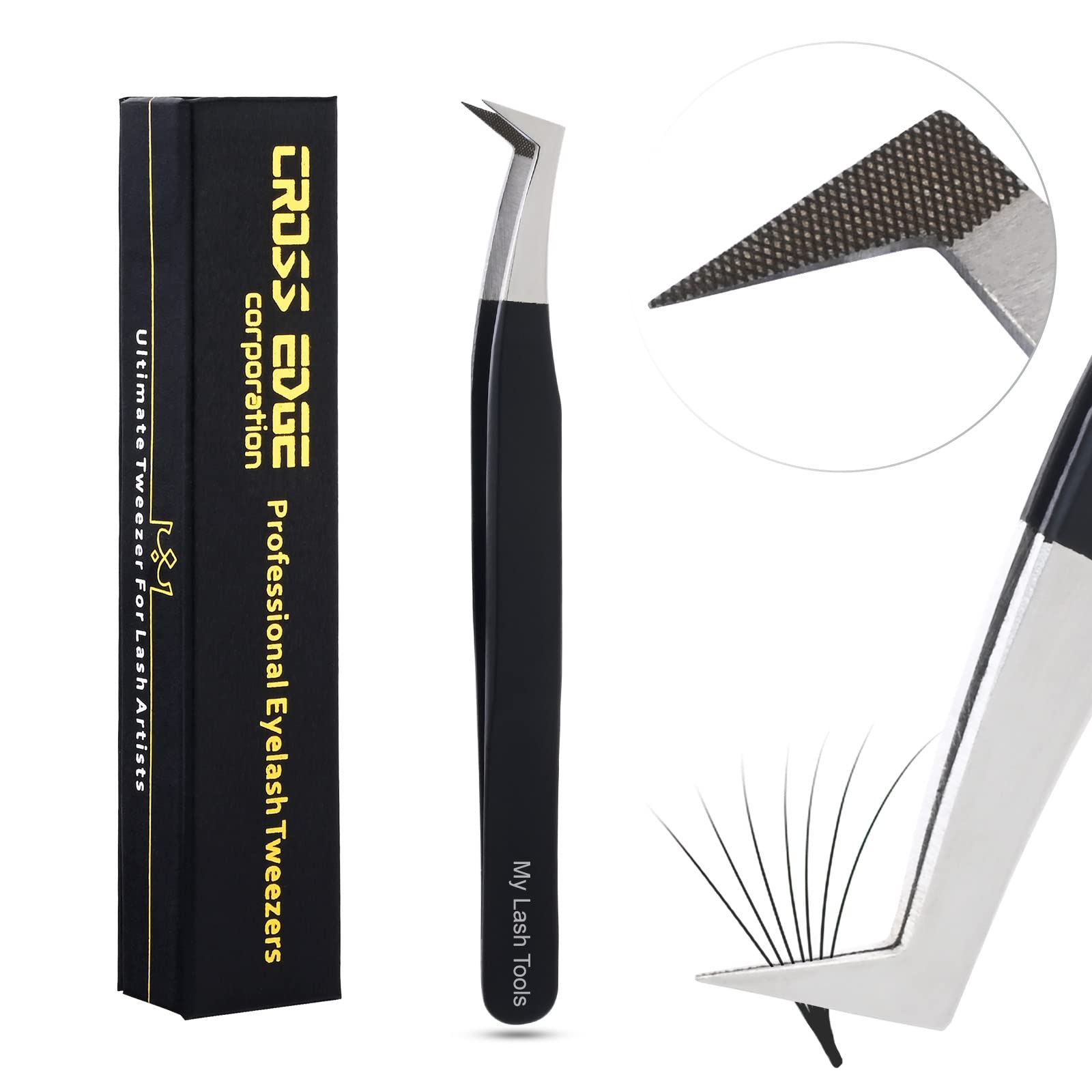 My Lash Tools Fiber Tip Lash Tweezers for Eyelash Extensions Pro Tweezer for Volume Lashes Japanese Stainless Steel Mink Lashes Fan Making Mega Volume Boot Angled Lashing Tweezers (Black)
