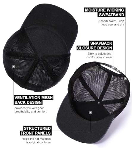 Oversize XXL Blank Flatbill Mesh Snapback Cap Black 2XL, XXL Flat Bill Hat 6 Panel Camper Style